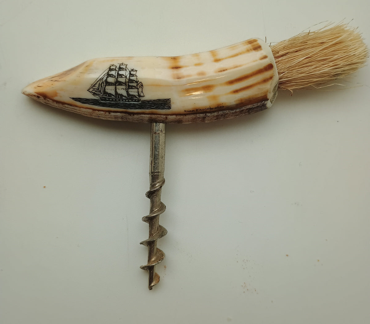 Antique Wild Boar Tusk Corkscrew with Scrimshaw and Bristle Brush ...