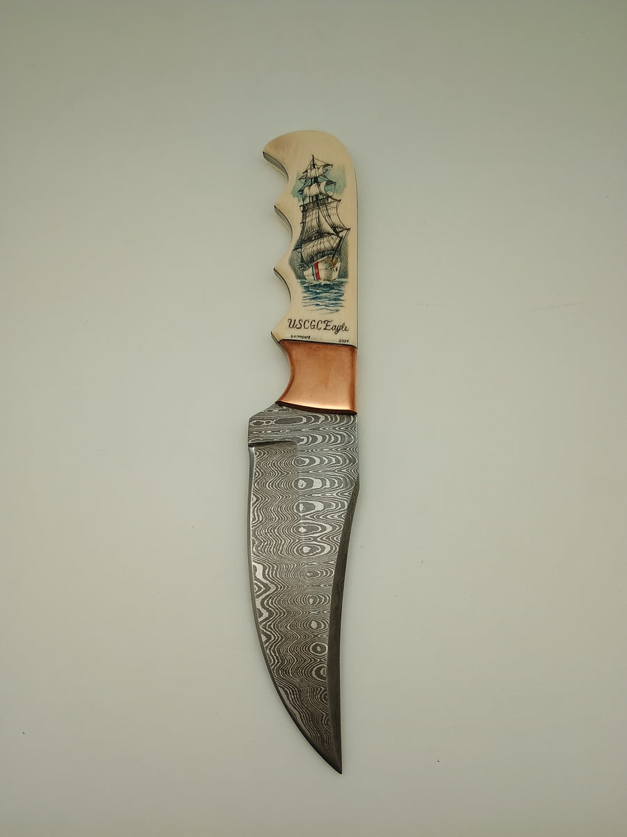 Damascus knife with Scrimshaw - USCG Eagle – Scrimshanders